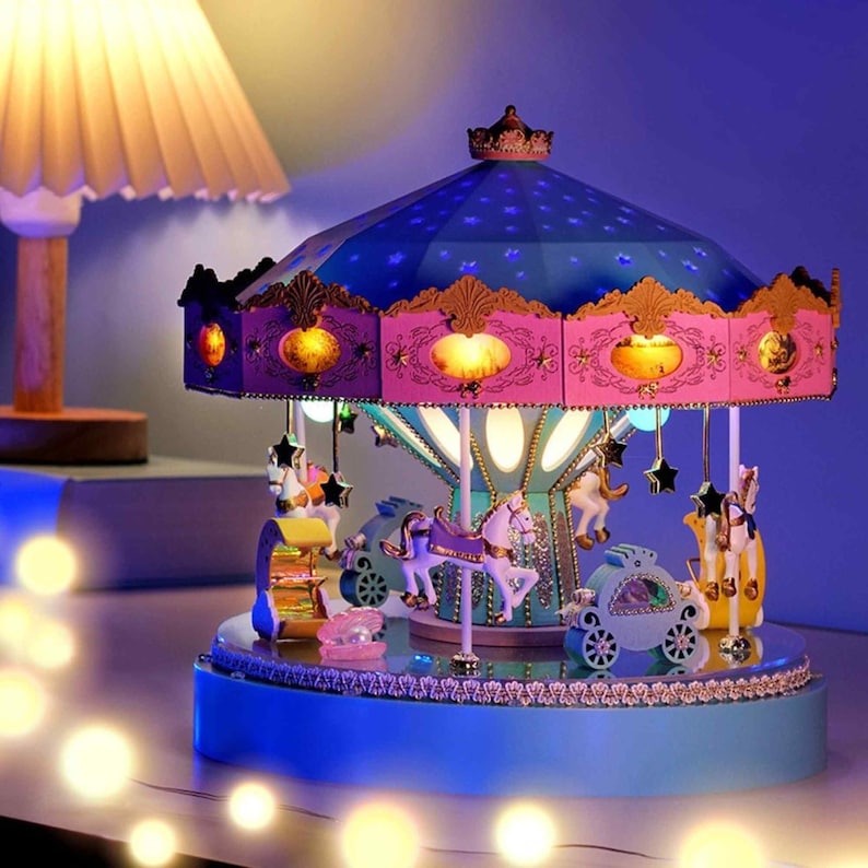 Wooden Carousel Music Box With Colorful Lights, Miniature Dollhouse Kit ...