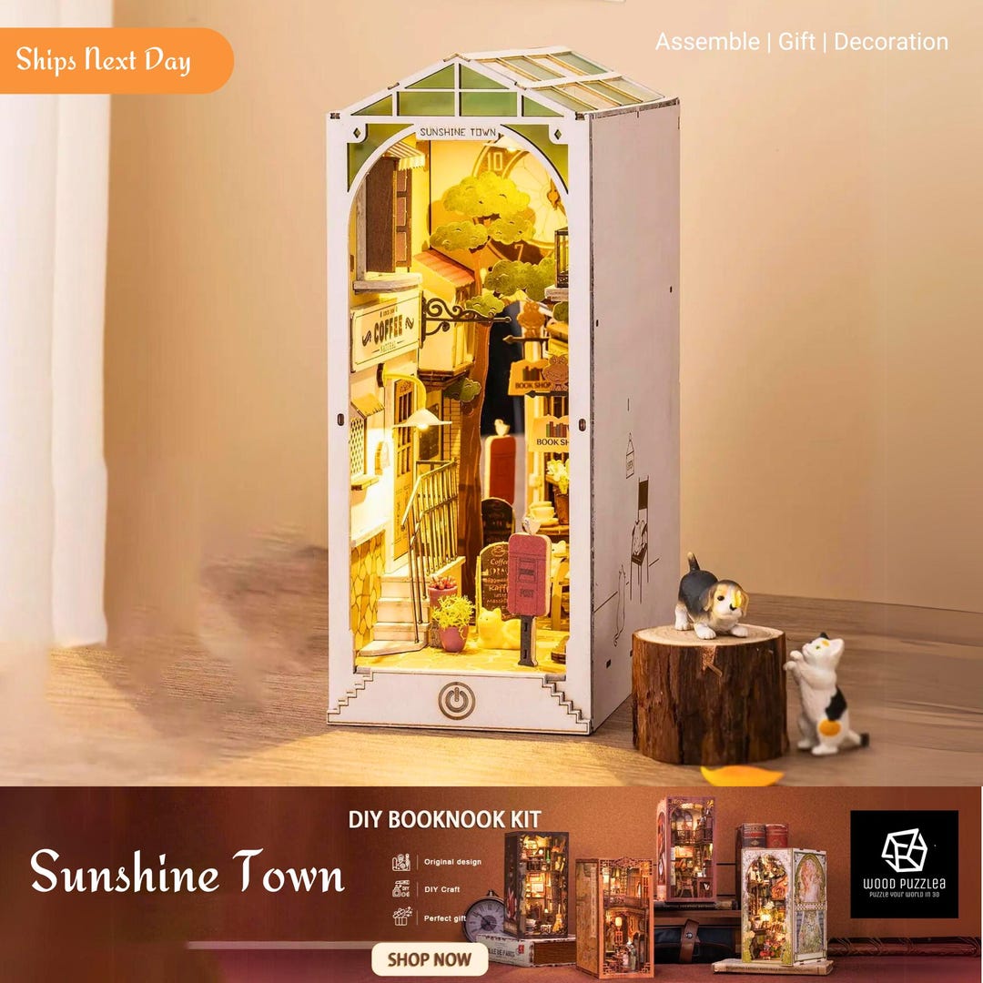 Sunshine Town DIY Book Nook Doll House, Wooden 3D Puzzle With LED Light, Miniature Dollhouse ...