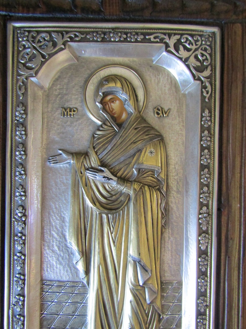 Silver and Gold Byzantine Orthodox Icon, Virgin Mary, Large Christian ...