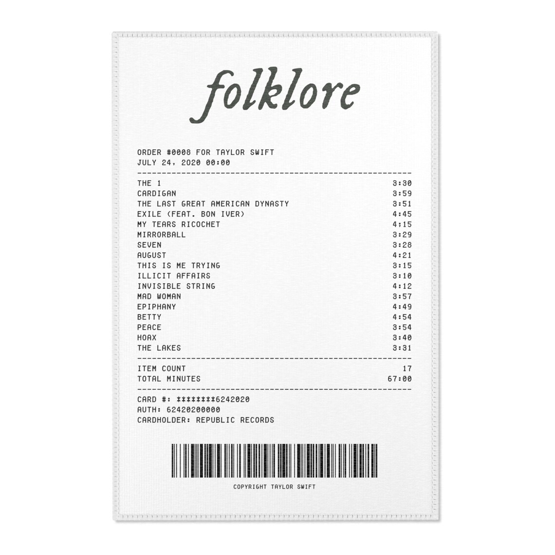 Taylor Swift Folklore Album Receipt Rug Aesthetic Room Bedroom Dorm ...