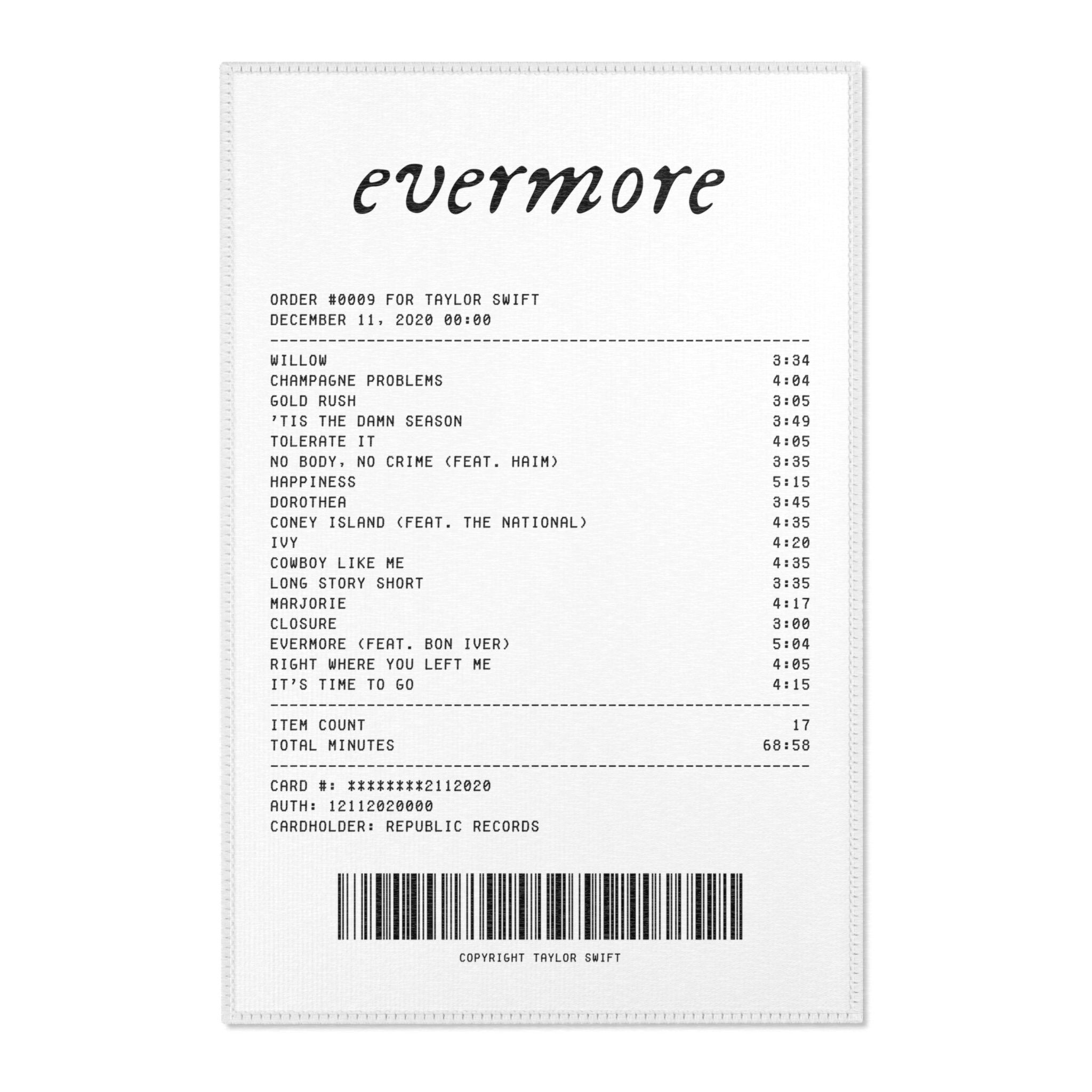 Taylor Swift Evermore Album Receipt Rug Aesthetic Room Bedroom Dorm ...