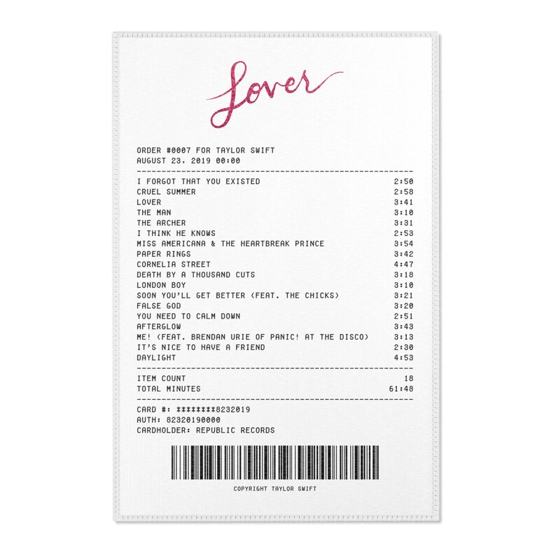 Taylor Swift Lover Album Receipt Rug Aesthetic Room Bedroom Dorm Decor ...