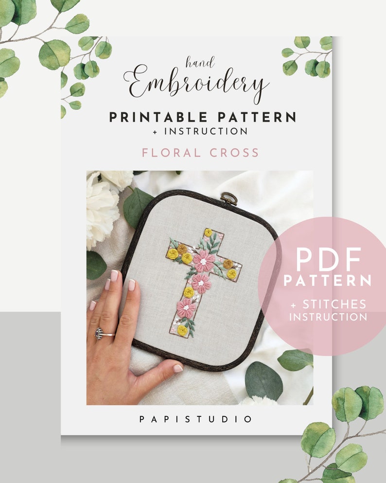 Floral CROSS Embroidery Pattern PDF, Christian Easter Wall Decorations ...