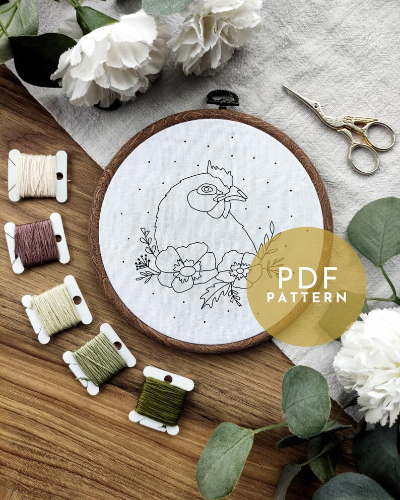 Hen Embroidery Pattern PDF, Advanced Chicken Embroidery Template ...