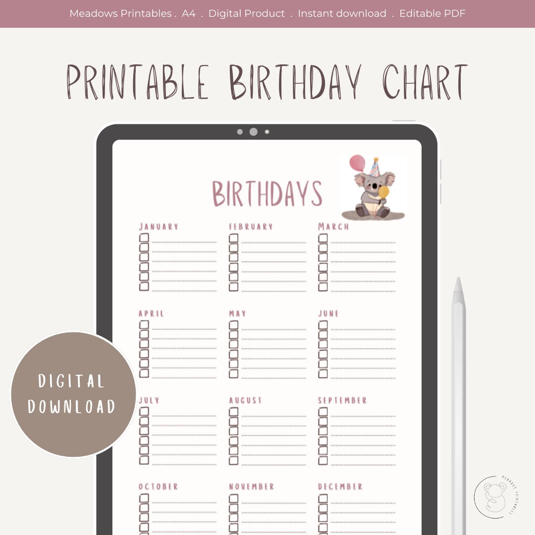 Personalised Birthday Chart, Birthday Planner Printable, Birthday ...