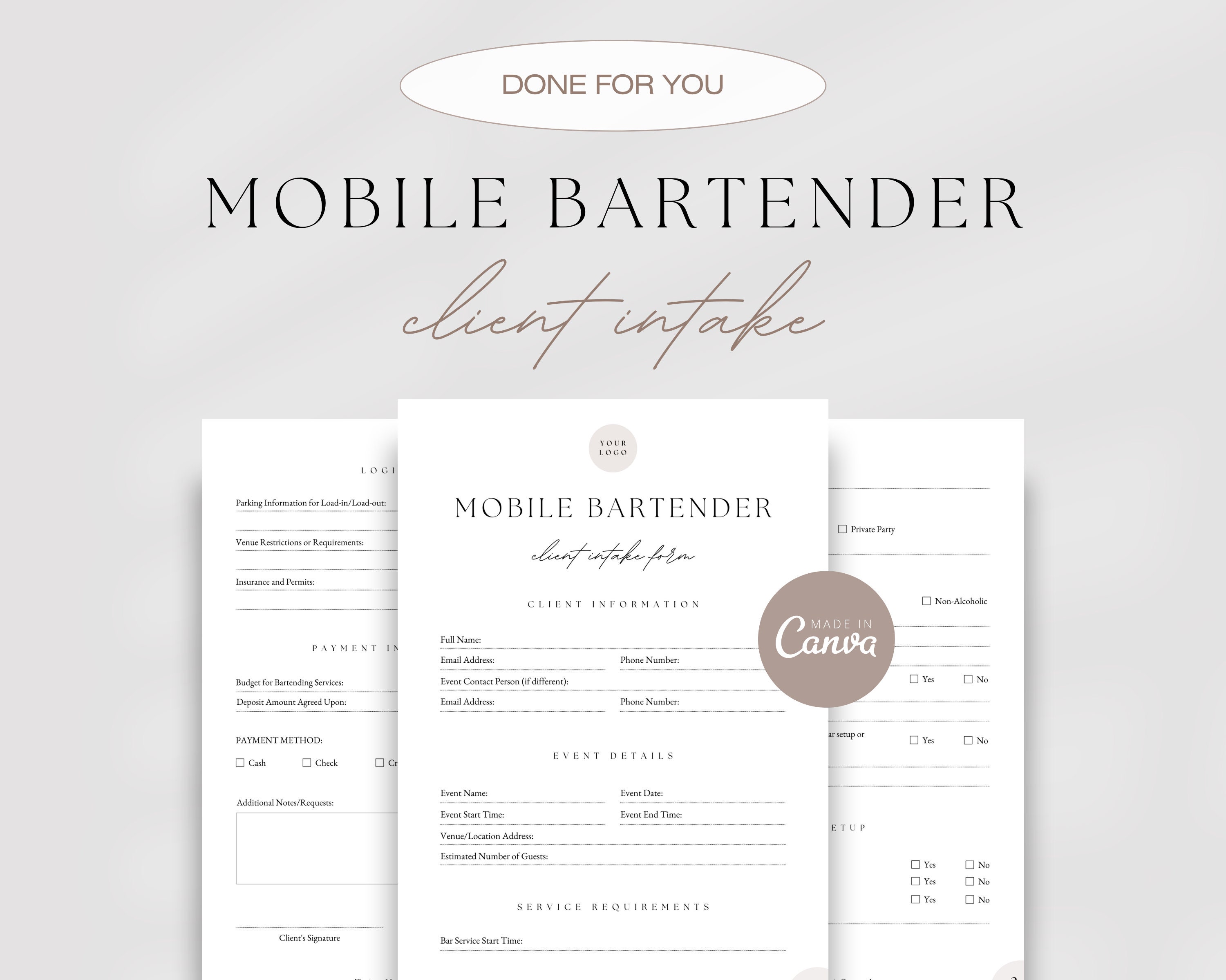 Mobile Bartender Client Intake Form, Mobile Bar Booking Form, Cocktail ...