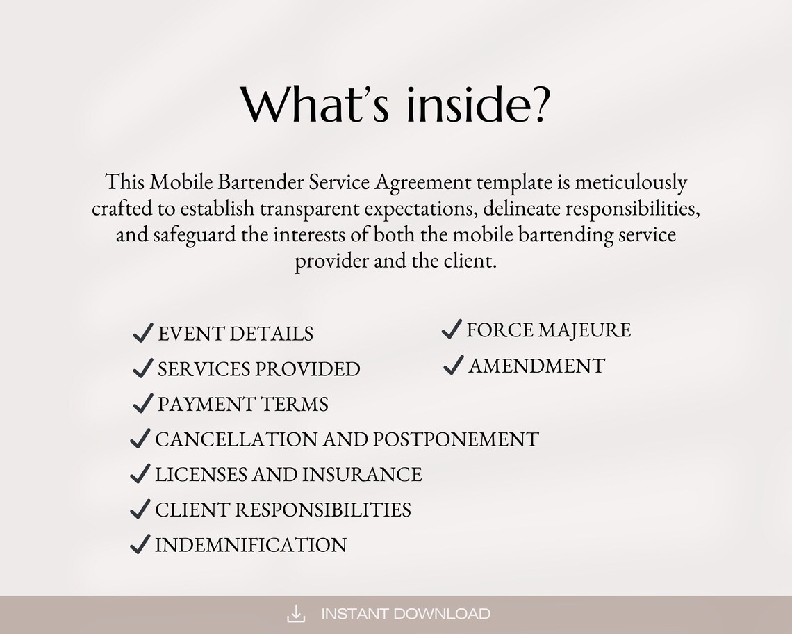 Mobile Bar Contract, Editable Bartender Service Agreement, Bartending ...