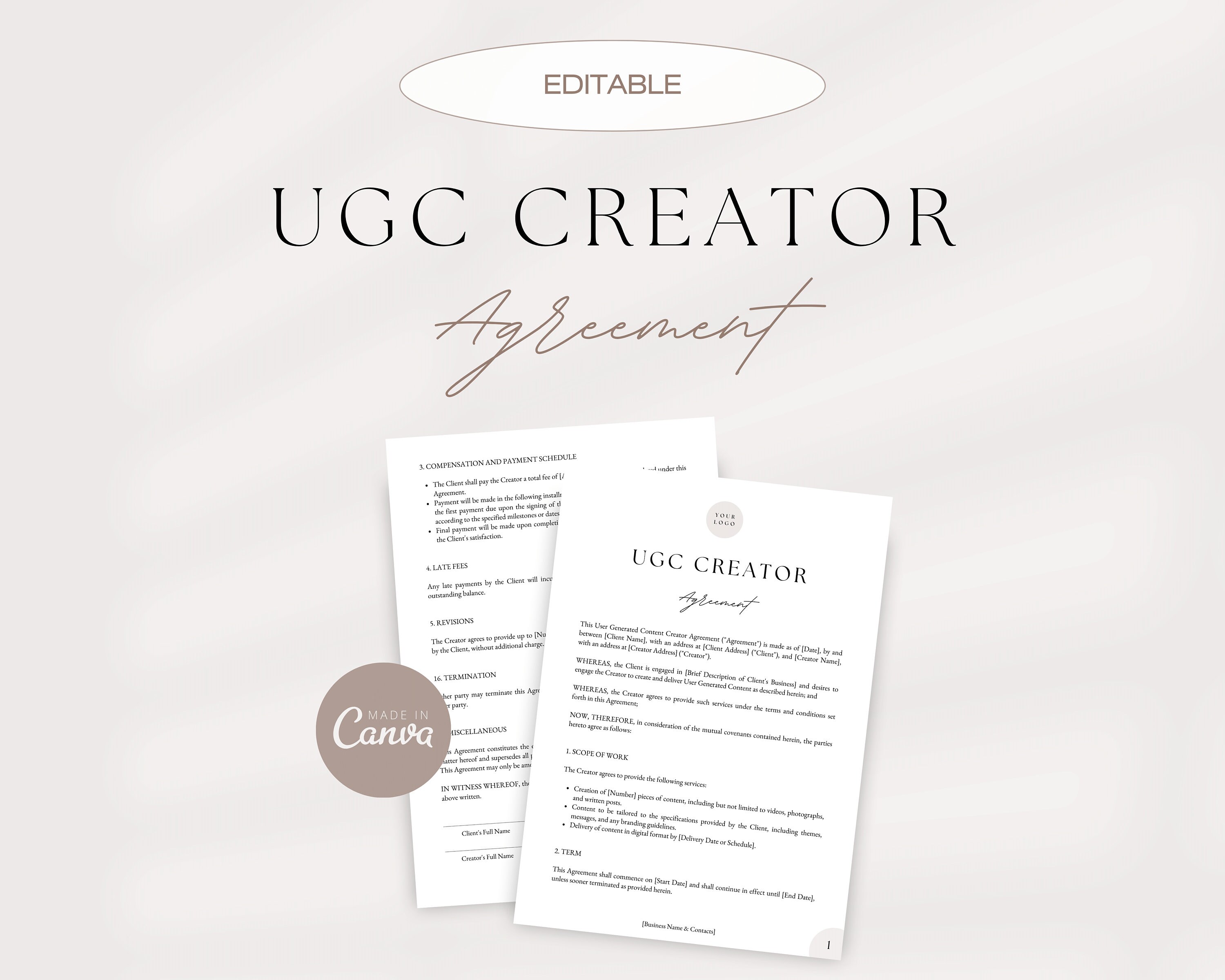 Editable UGC Contract, UGC Creator Agreement Template, User Generated ...
