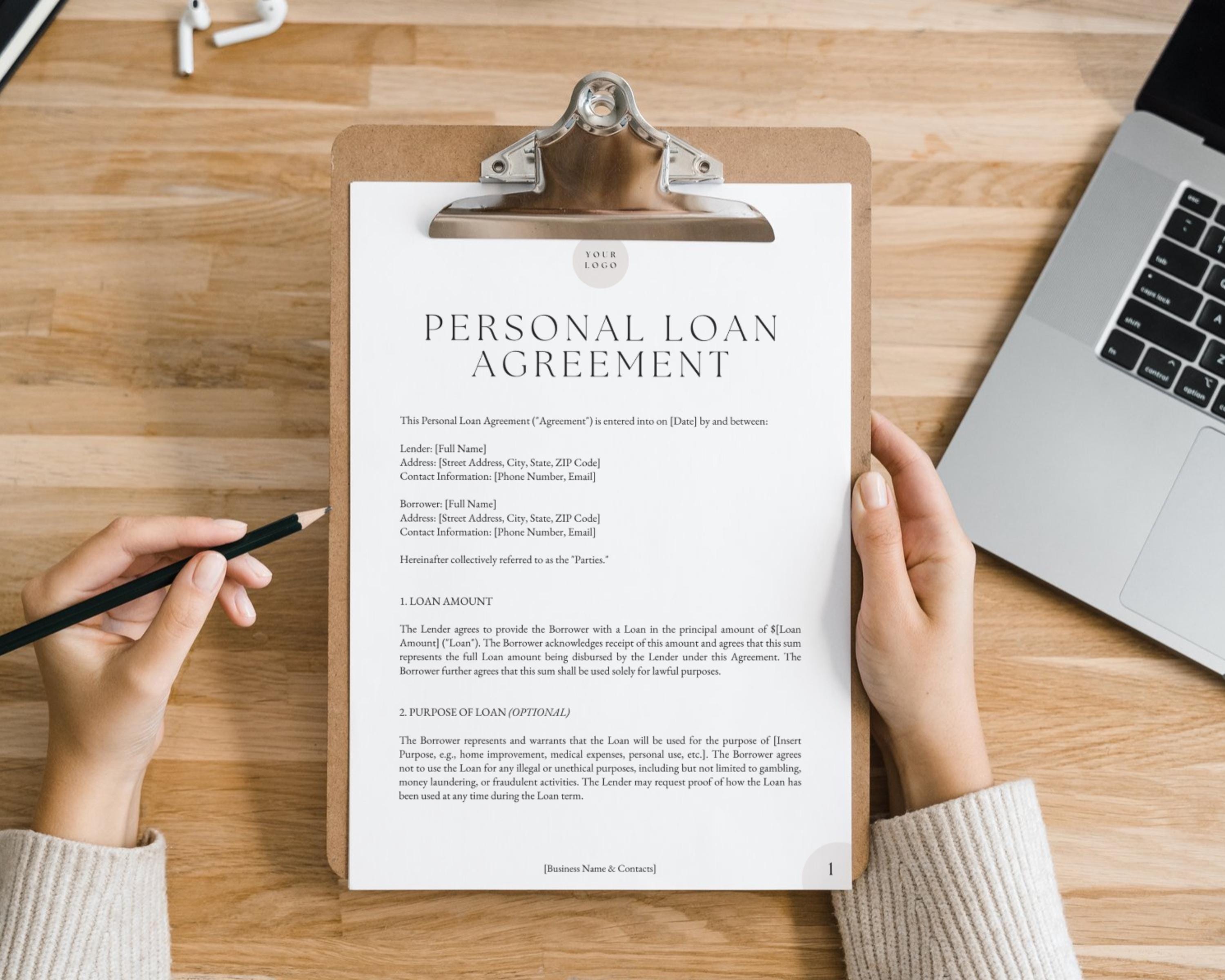 Personal Loan Agreement Template, Customizable Loan Contract, Borrower ...