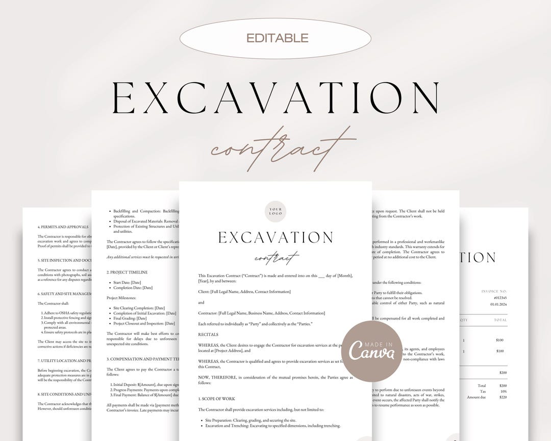 Editable Excavation Contract, Excavation Services Agreement, Excavation ...