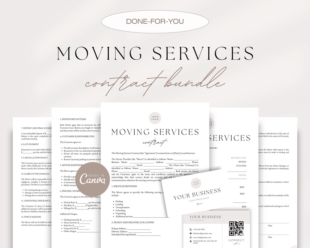 Moving Services Contract Bundle, Professional Moving Agreement, Relocation Services Agreement ...