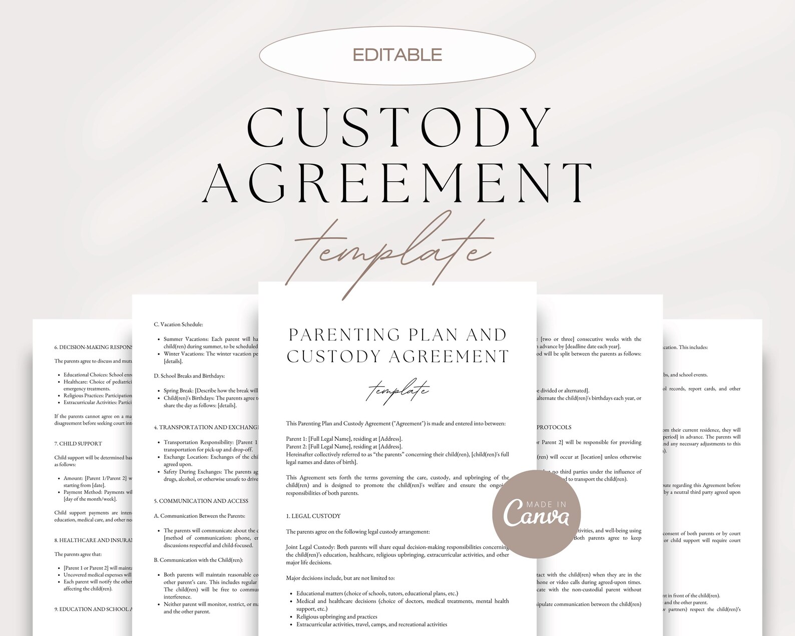 Child Custody Agreement Template, Custody and Co-parenting Plan ...