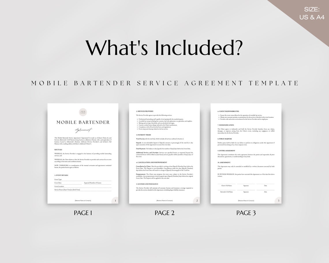 Professional Mobile Bar Contract, Bartender Service Agreement ...