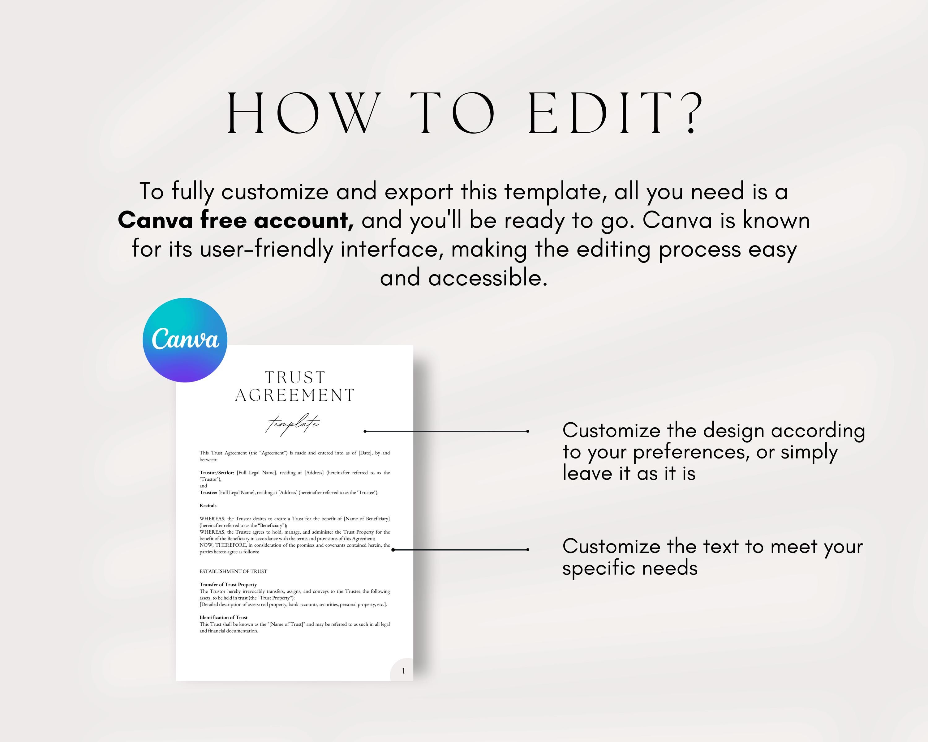 DIY Trust Agreement, Trust Setup Agreement Template, Editable Trust ...