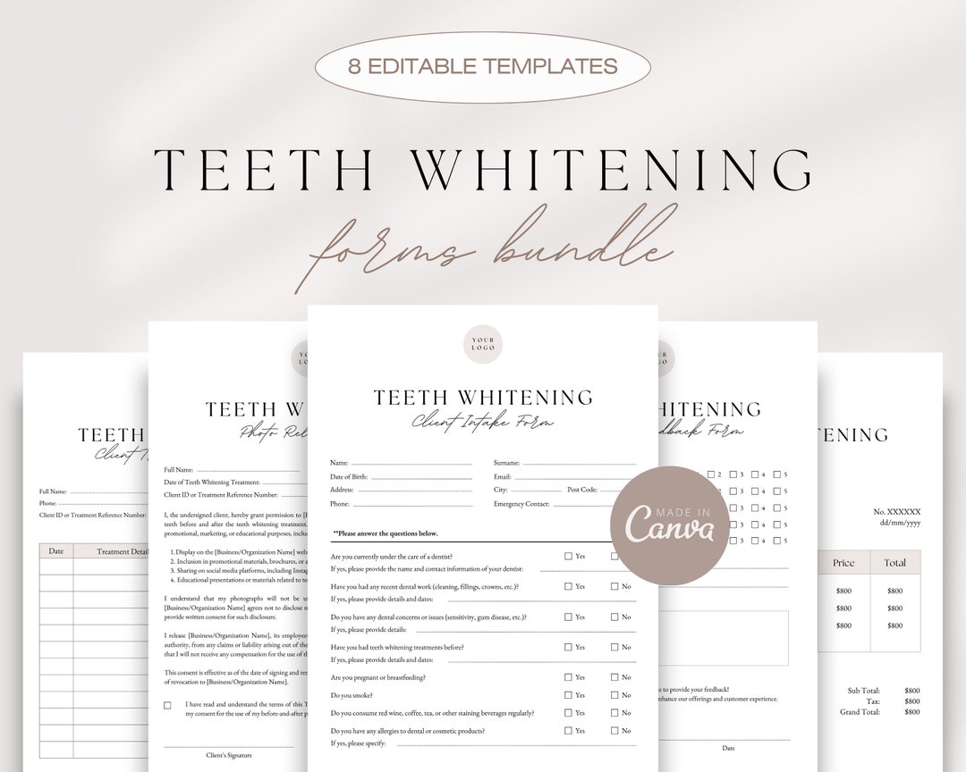 Teeth Whitening Forms Bundle, Client Intake Form, Consent, Photo ...