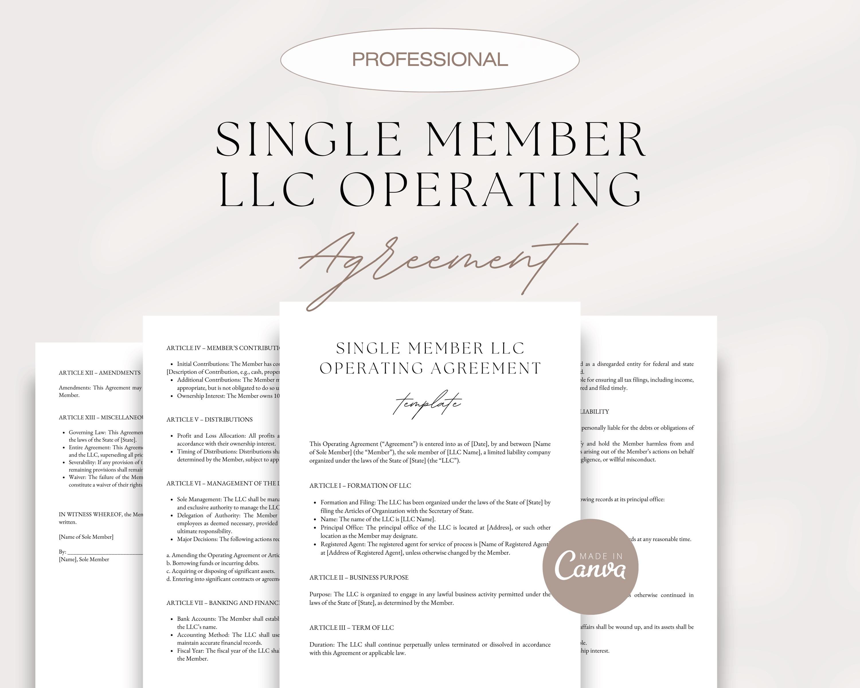 Single Member LLC Operating Agreement Template (canva Editable) - Etsy