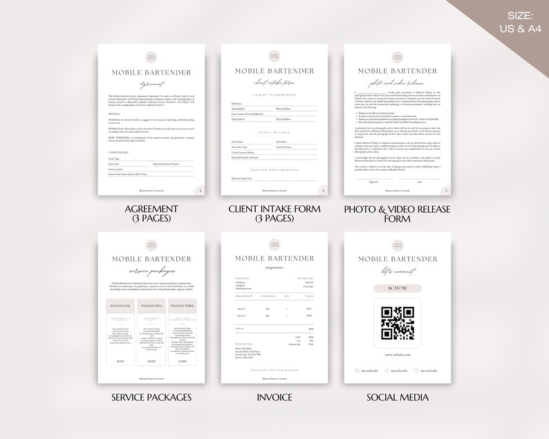 Mobile Bar Contract Bundle, Bartender Service Agreement, Bartending ...