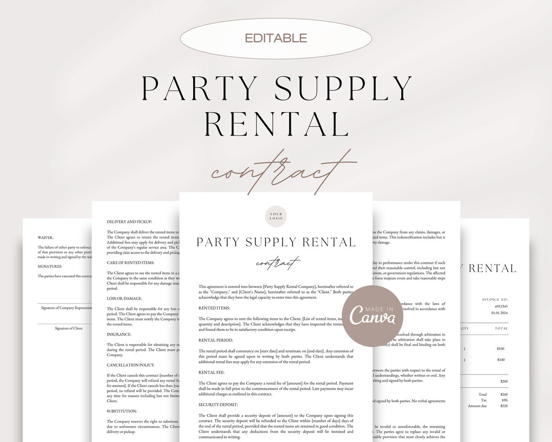 Party Supply Rental Contract, Party Equipment Rental Agreement, Party ...