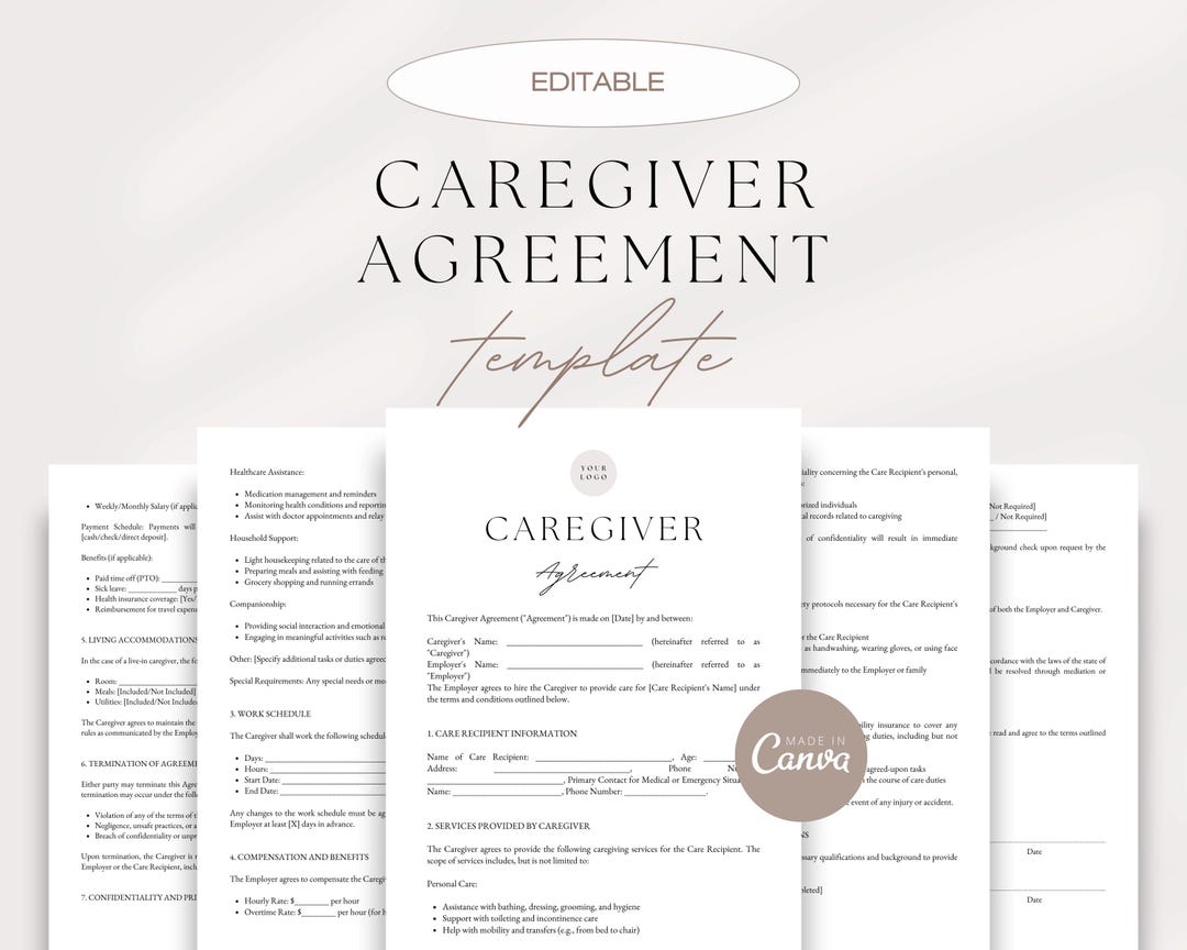Caregiver Agreement Template, Caregiver Employment Contract, Home Care Services Agreement, Elder ...