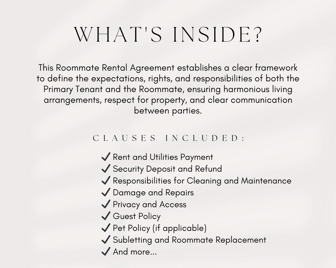 Editable Roommate Rental Agreement, Co-tenant Agreement, Room Rental ...
