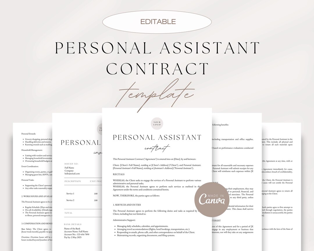 Editable Personal Assistant Contract Template (canva) - Etsy
