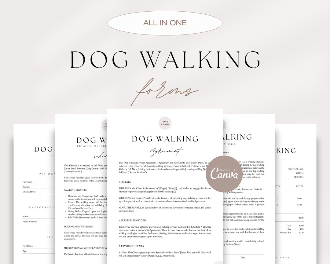 Dog Walking Contract Bundle, Editable Dog Walking Agreement Template ...