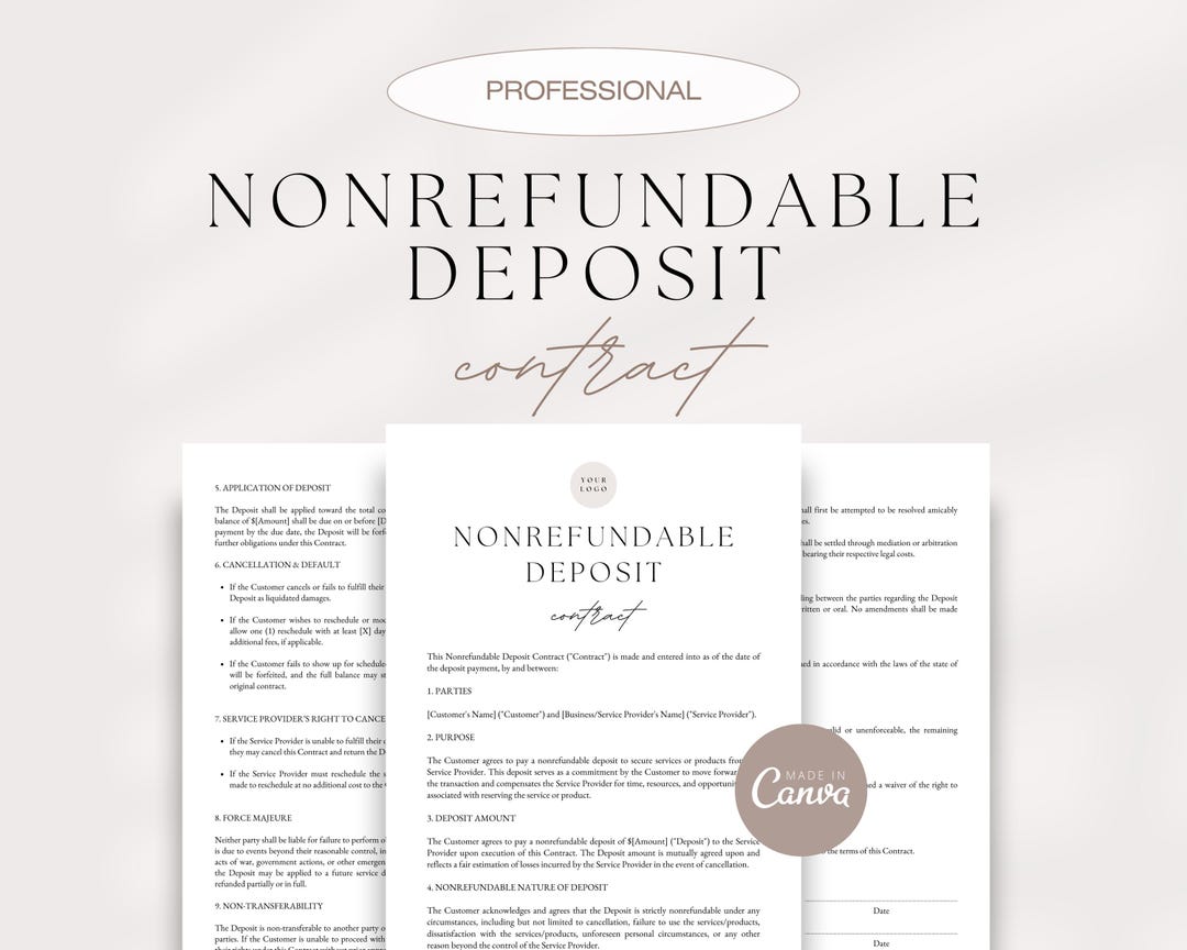 Nonrefundable Deposit Contract Template: Customizable Canva Agreement ...