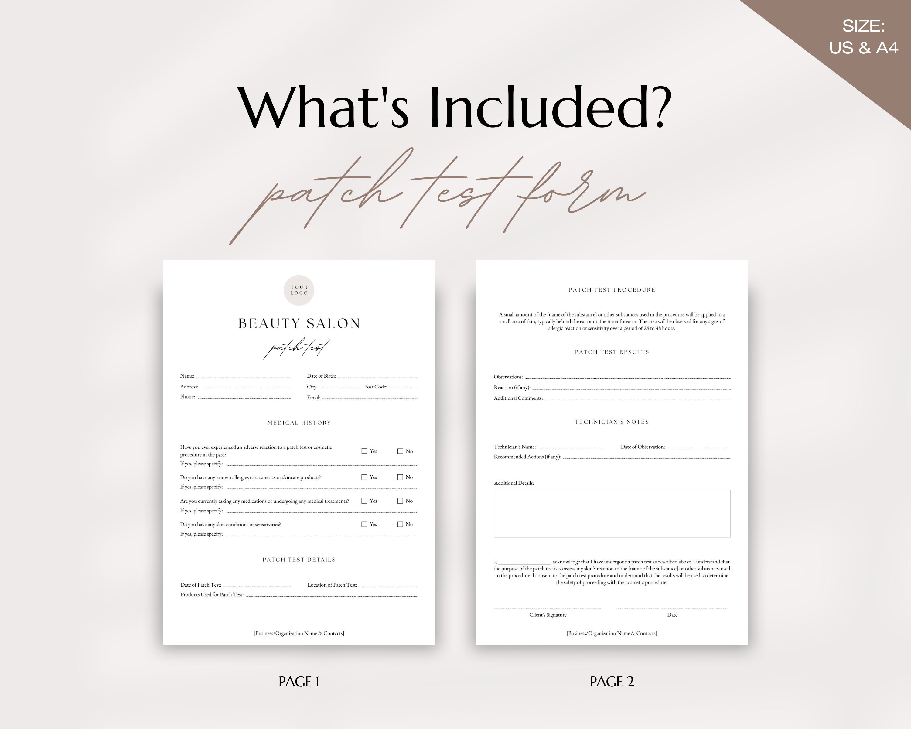 Patch Test Consent Form, Patch Test Waiver, Beauty Treatment Patch Test ...