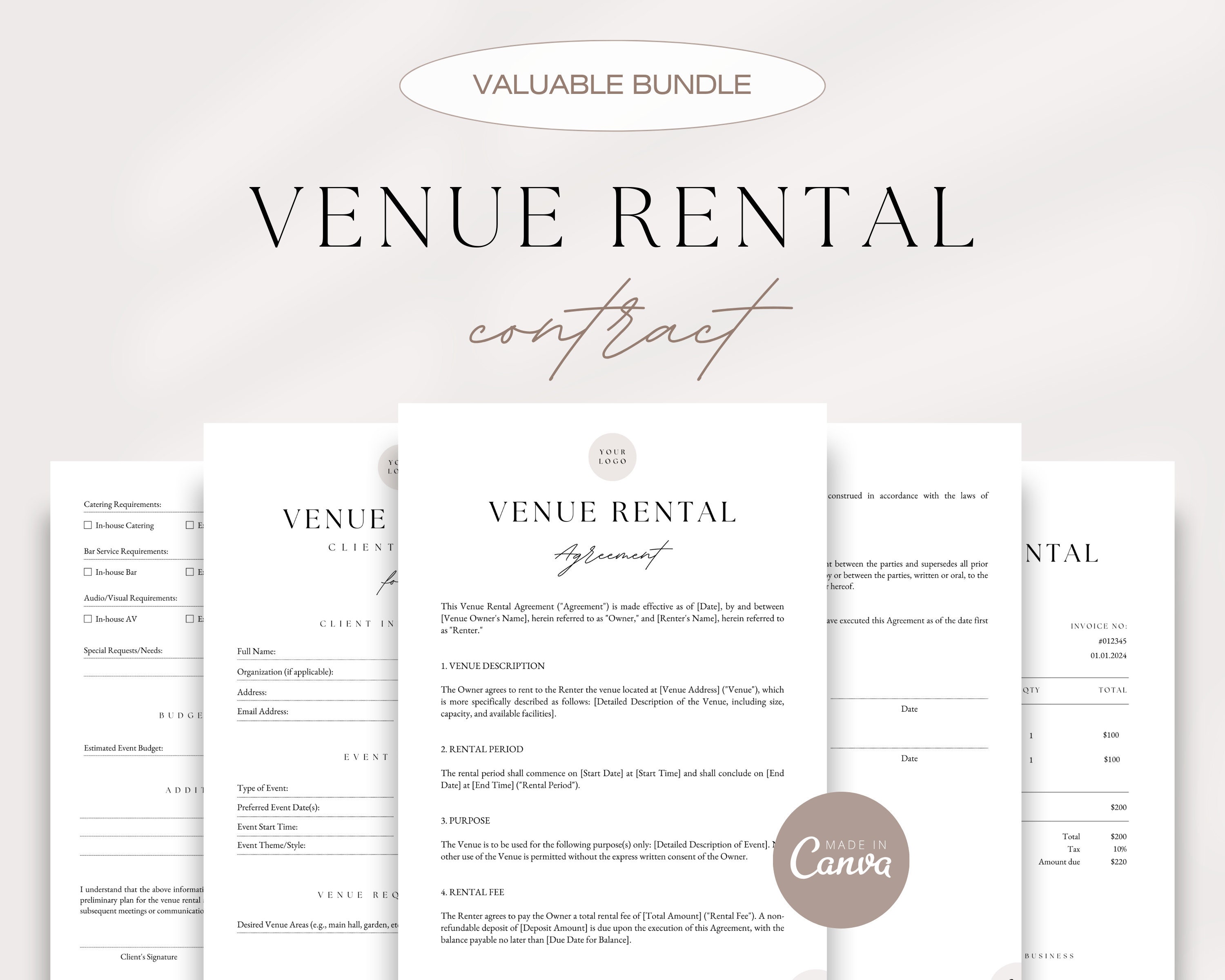 Venue Rental Contract Bundle: Event Space Forms (editable Canva ...