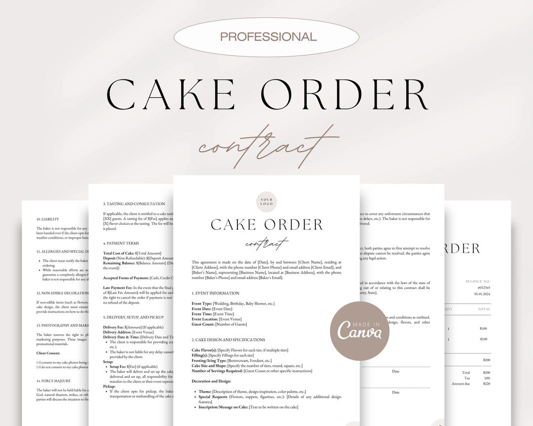 Professional Cake Contract, Cake Order Contract, Cake Order Form ...