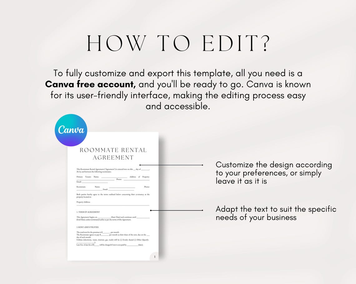 Editable Roommate Rental Agreement, Co-tenant Agreement, Room Rental ...