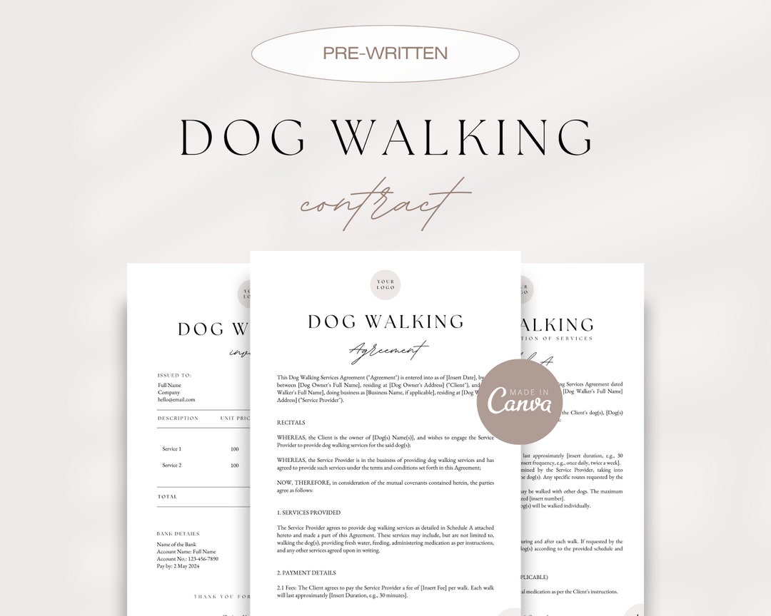 Dog Walking Contract, Editable Dog Walking Services Agreement Template ...