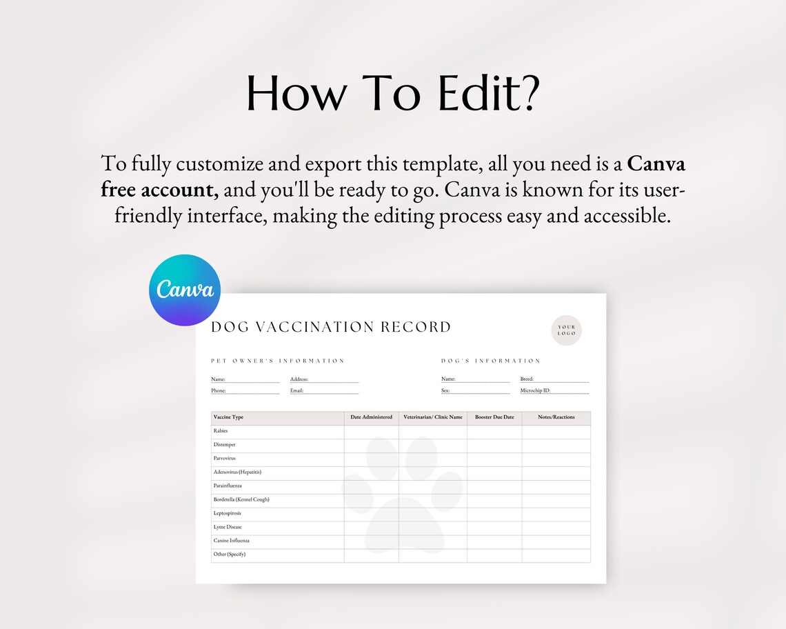 Dog Vaccination Record Template, Puppy Vaccination Record, Pet ...