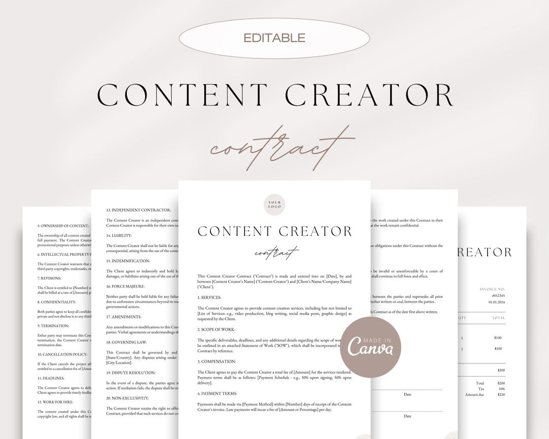 Content Creator Contract, Influencer Contract Template, Editable Social ...