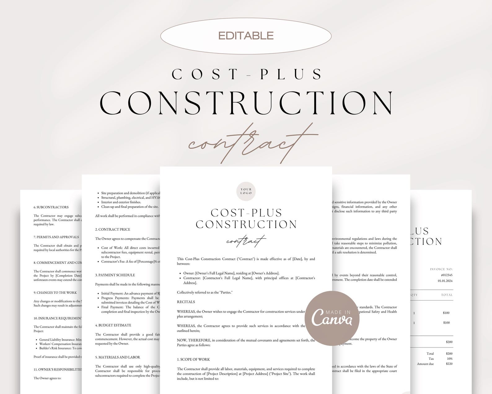 Editable Cost-plus Construction Contract, Cost-plus Contractor ...