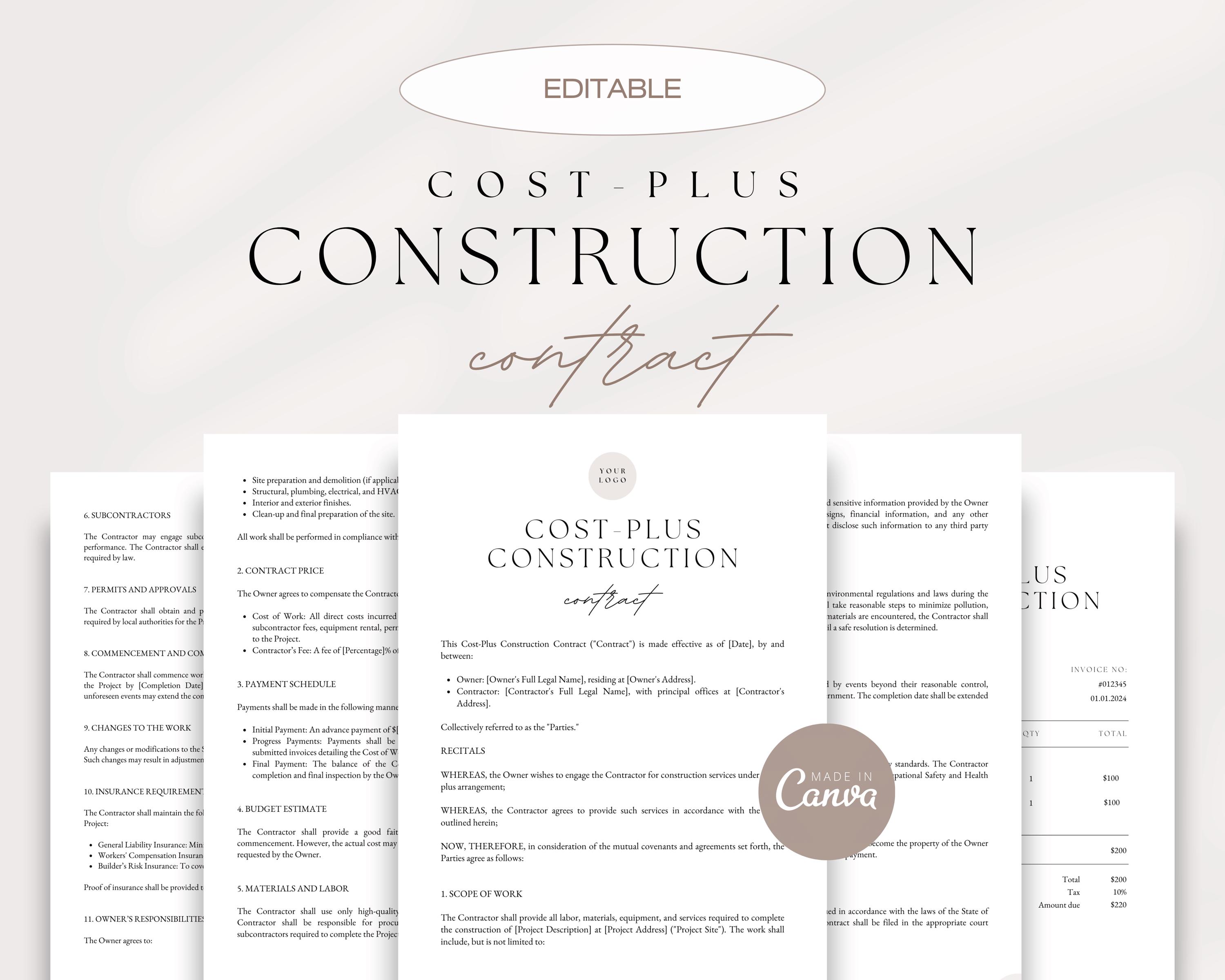 Editable Cost-plus Construction Contract, Cost-plus Contractor ...