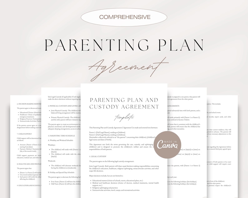 Parenting Plan Agreement, Editable Child Custody Agreement, Shared ...