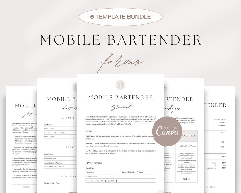 Mobile Bar Contract Bundle, Bartender Service Agreement, Bartending ...