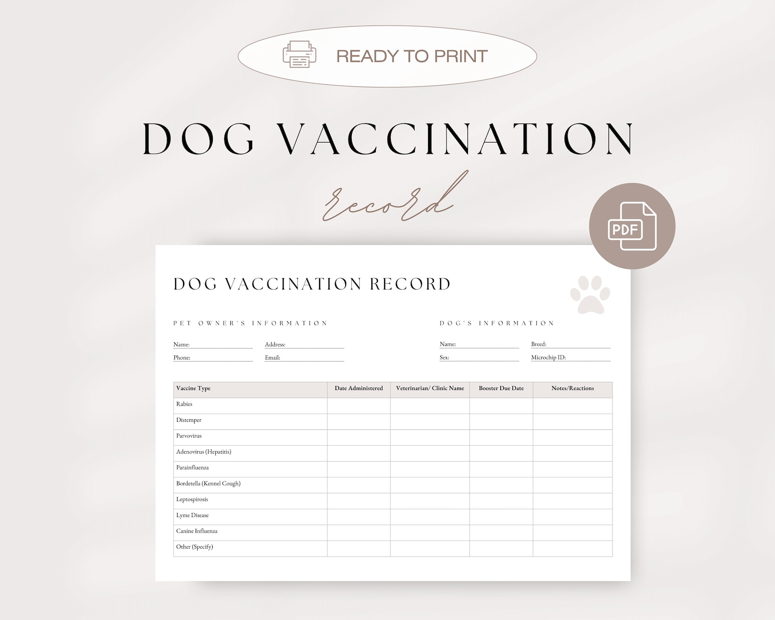 Dog Vaccination Record, Puppy Vaccination Record, Pet Vaccination Form ...