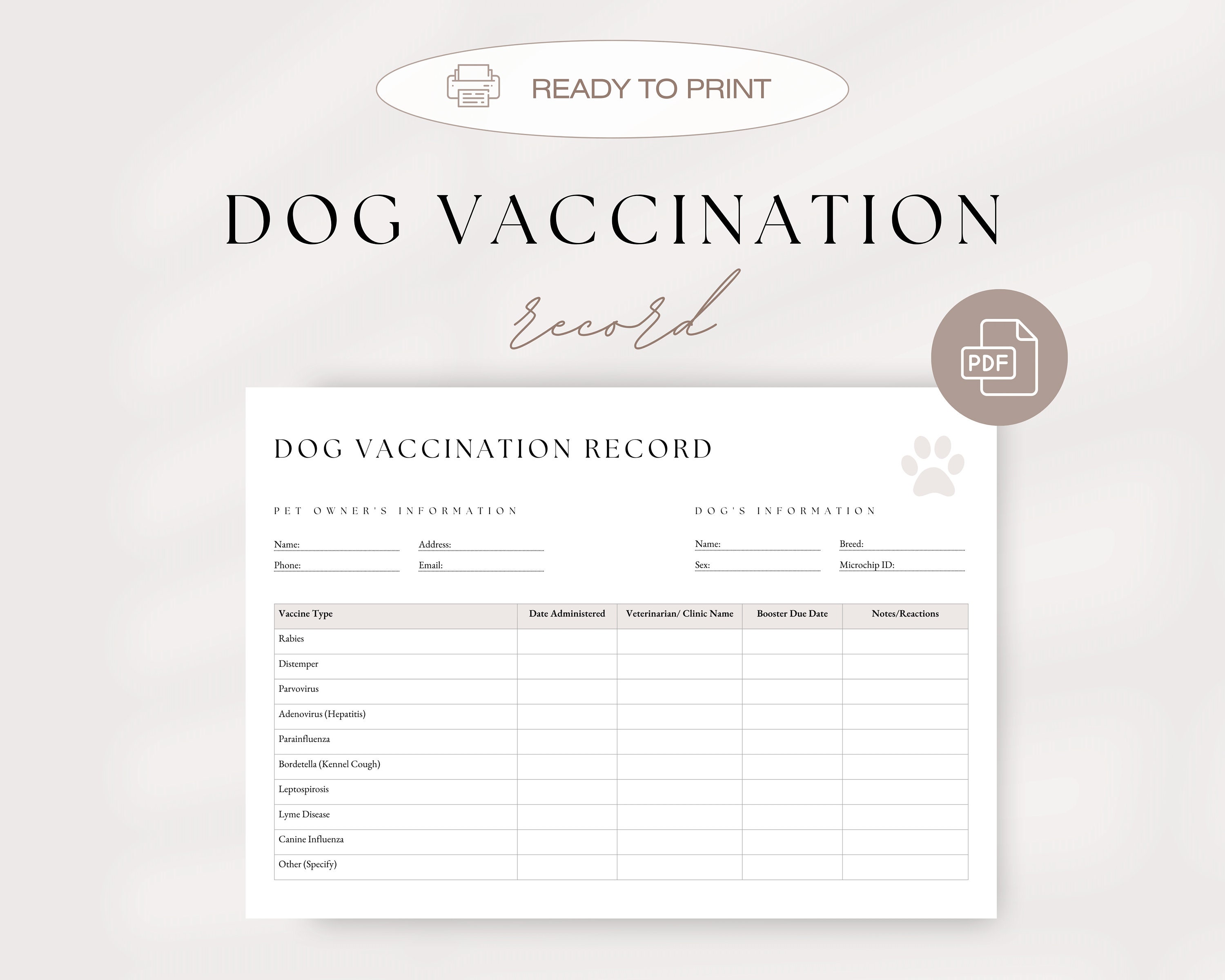 Dog Vaccination Record, Puppy Vaccination Record, Pet Vaccination Form ...