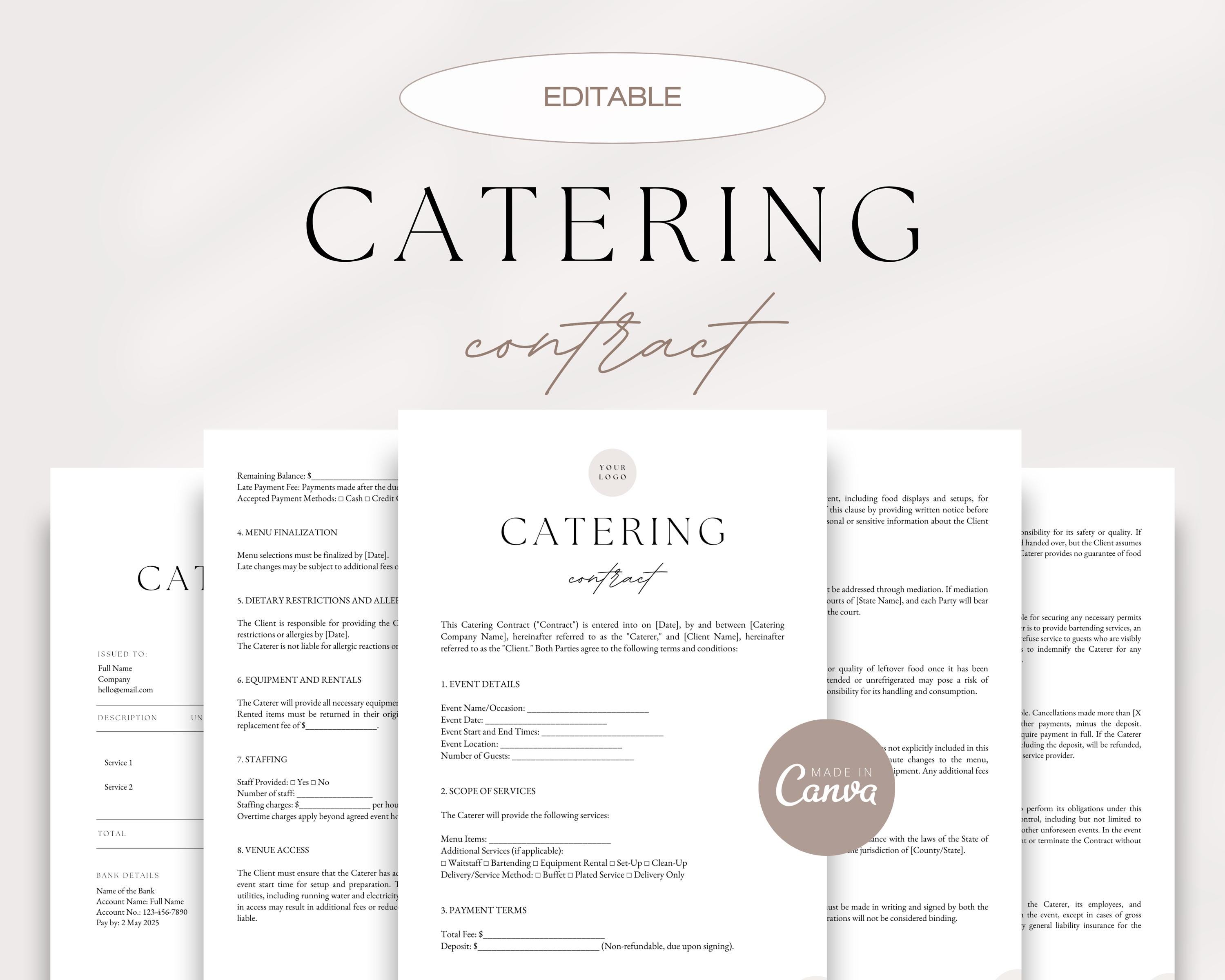 Editable Catering Contract, Event Catering Services Agreement, Food ...