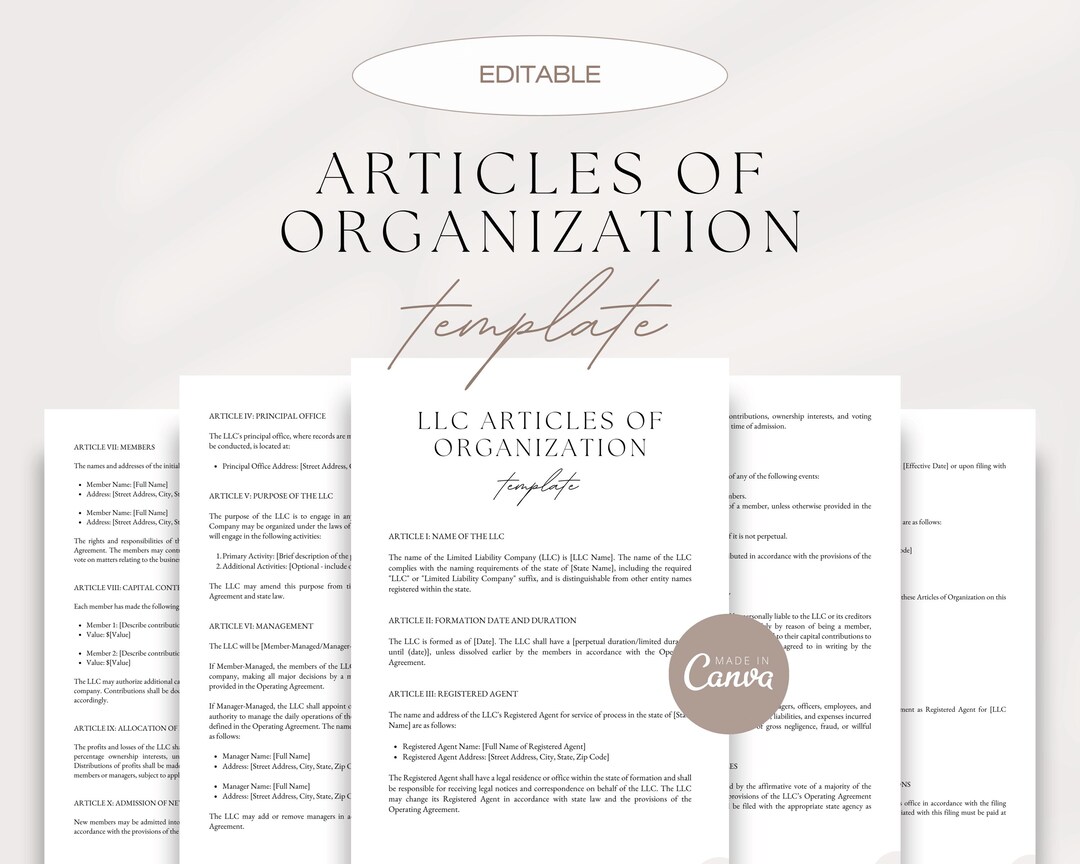 Editable LLC Articles of Organization Template (canva) - Etsy