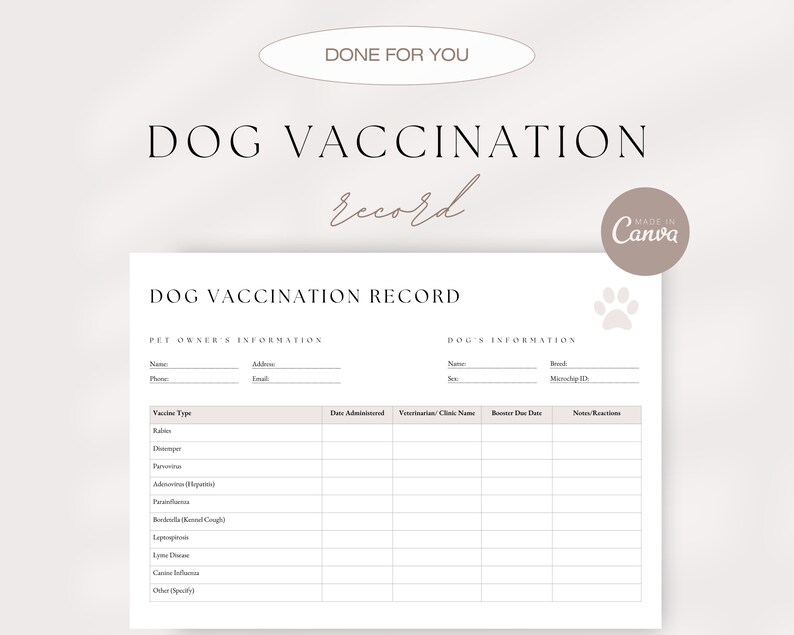 Dog Vaccination Record Template, Puppy Vaccination Record, Pet ...