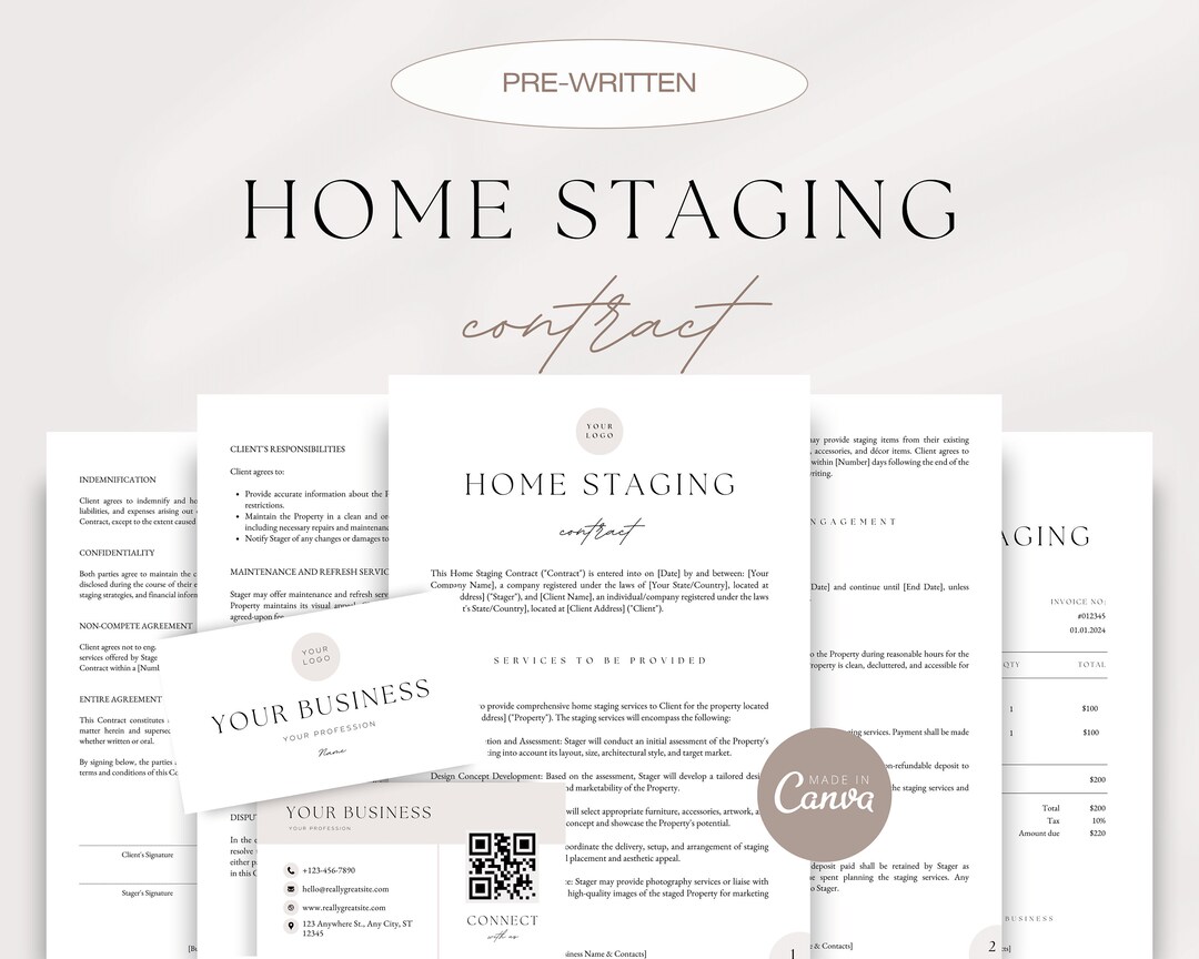 Home Staging Contract Template: Editable Agreement, Invoice, Business Card (canva) - Etsy