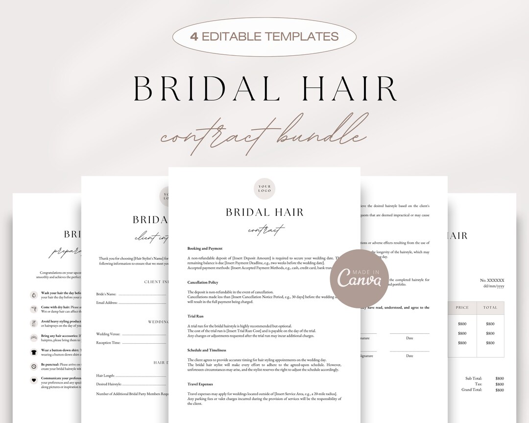 Bridal Hair Contract, Hair Stylist Contract Template, Editable Bridal ...