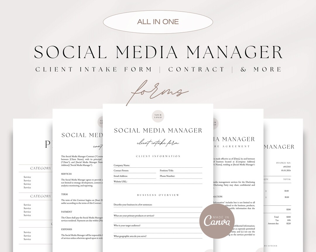 Social Media Manager Forms Bundle, Freelance Social Media Manager ...