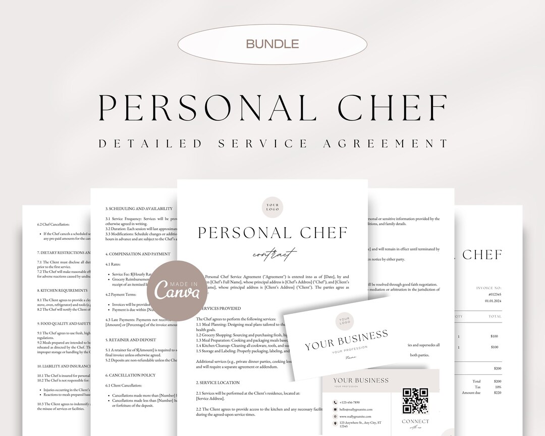 Personal Chef Contract Template Bundle: Service Agreement, Invoice ...