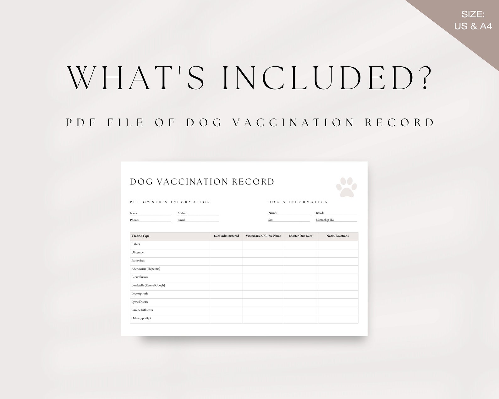 Dog Vaccination Record, Puppy Vaccination Record, Pet Vaccination Form ...