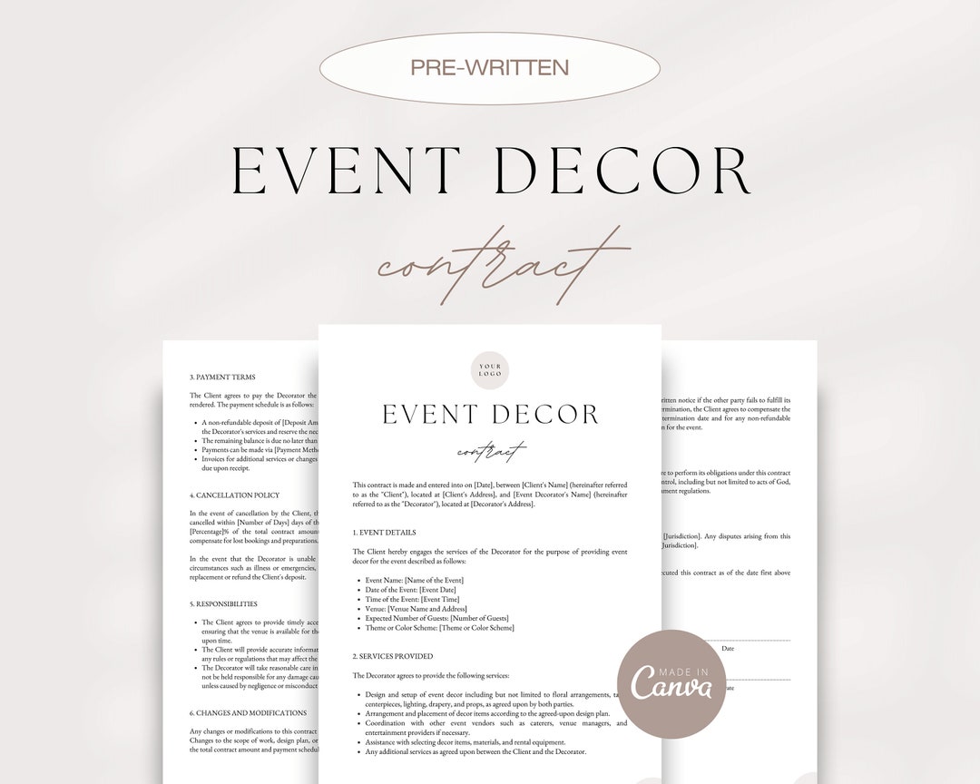 Event Decor Contract Template: Editable Client Forms (canva) - Etsy