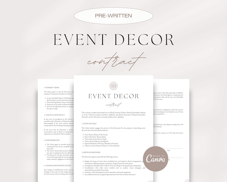 Event Decor Contract Template: Editable Client Forms (canva) - Etsy